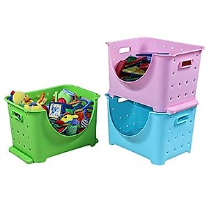 Basicwise Stackable Plastic Storage Container, Set of 3 Blue, QI003215B.3