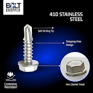 Bolt Dropper No. 6 x 1/2" Stainless Hex Washer Head Self Drilling Screws - 100 pc - 410 Stainless Steel Self Tapping TEK Screws, No. 2 Point, Plain Finish by Bolt Dropper
