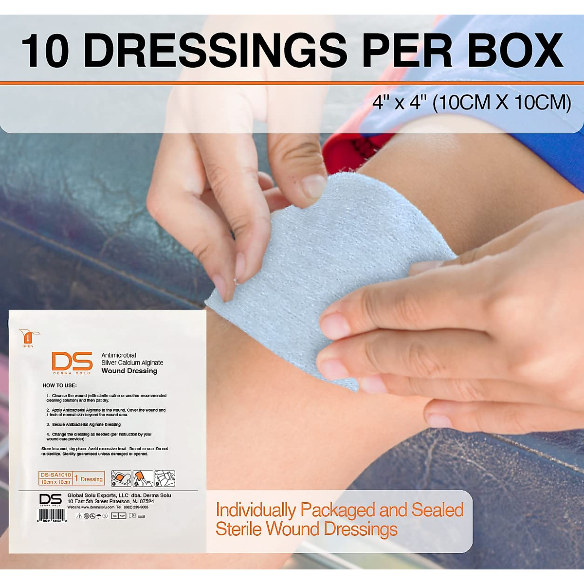 DERMA SOLU 4” x 4” Silver Calcium Alginate Wound Dressing Alginate w/Silver Sterile (4" x 4" (10 Dressings))