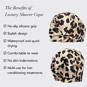 Kitsch Luxury Shower Cap for Women Waterproof - Reusable Shower Cap, Hair Cap for Shower, Waterproof Hair Shower Caps for Long Hair, Non-Slip Cute Shower Cap One Size, Chic Shower Bonnet - Leopard