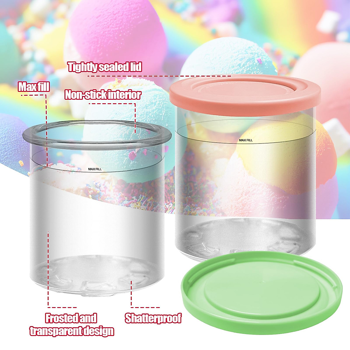 lelinker for Ninja Creami Ice Cream Maker Pints, Compatible with Ninja Creami Pints and Lids 4 Pack, [with 4 Pack Ice Cream Scoop] Compatible with nNC301,NC300,NC299AMZ Series Ice Cream Maker