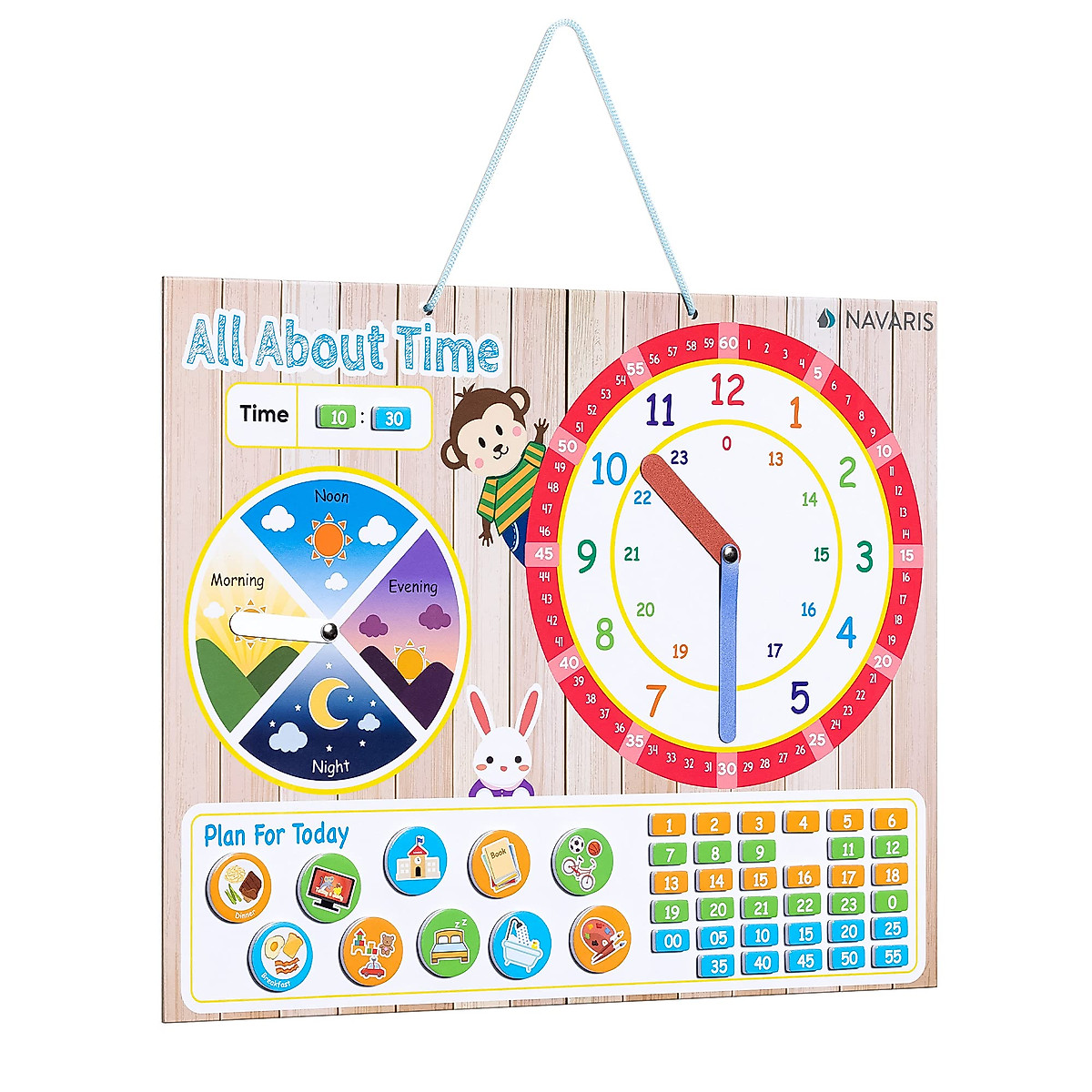Navaris Kids Magnetic Clock - Early Years Learning - Time Telling and Time of Day Educational Chart for Children - Kids Wall Board - English, Beige