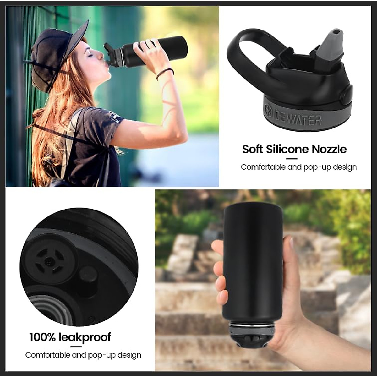 ICEWATER-40 oz, 2 Lids(Soft Auto Straw & Wide Mouth),Insulated Water Bottle,18/8 Stainless Steel,BPA-Free,Vacuum Double Walled,Leak Proof (40 oz, Purple)