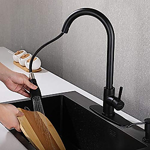 Keonjinn Black Kitchen Faucet with Pull Down Sprayer, Stainless Steel Kitchen Sink Faucet Single Handle Pull Down Kitchen Faucets, High Arc Single Hole Matte Black Kitchen Faucets with Deck Plate