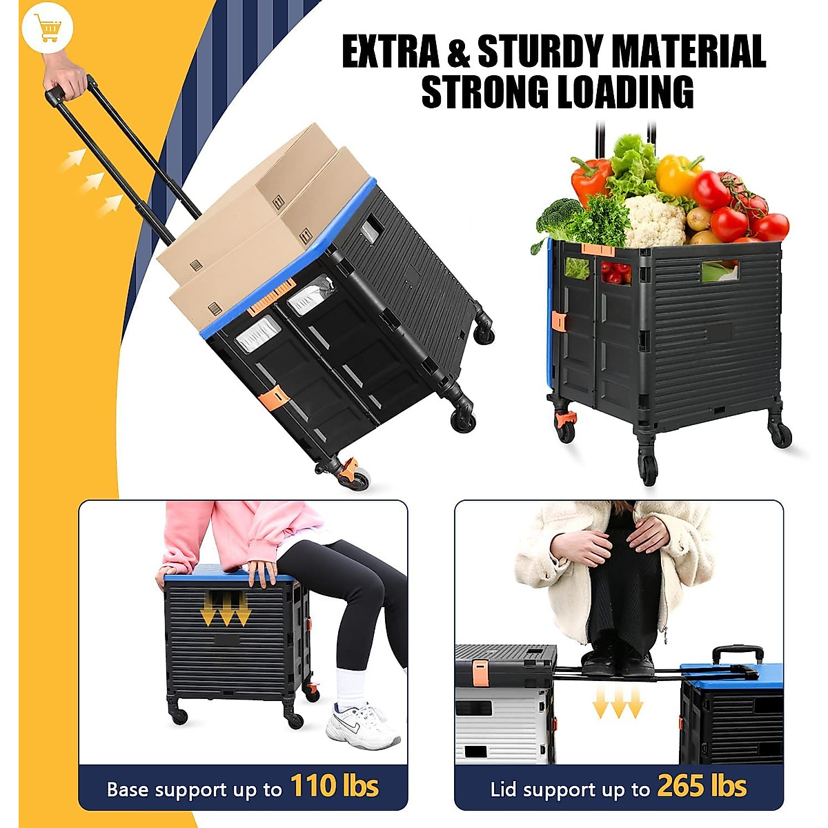 Foldable Utility Cart Folding Portable Rolling Crate Handcart Handcart Shopping Trolley Wheel Box with Lid,360°Rotate Wheels,Heavy Duty Durable Dolly Cart for Teacher Tourist Shopping Office Outdoor