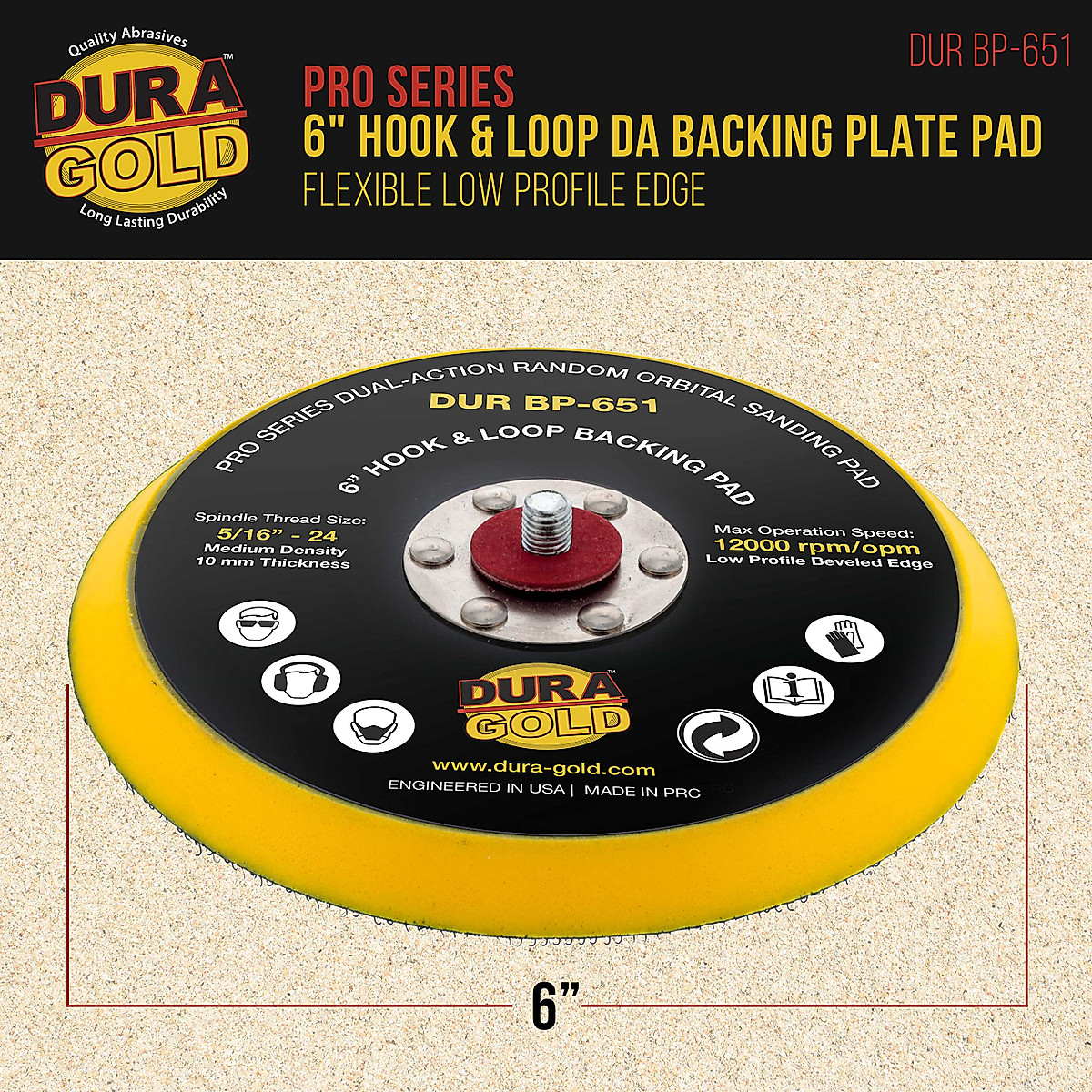 Dura-Gold Pro Series 6" Hook & Loop DA Backing Plate Pad - Low Profile Edge, Medium Density, Dual-Action Random Orbital Sanding Pad, 5/16" - 24 Threads - For Sander Polisher Auto Woodworking Sandpaper