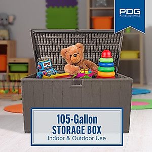 Plastic Development Group 105 Gallon Weatherproof Large Double Wall Plastic Outdoor Patio Storage Deck Box with Soft Close Lid, Java Brown