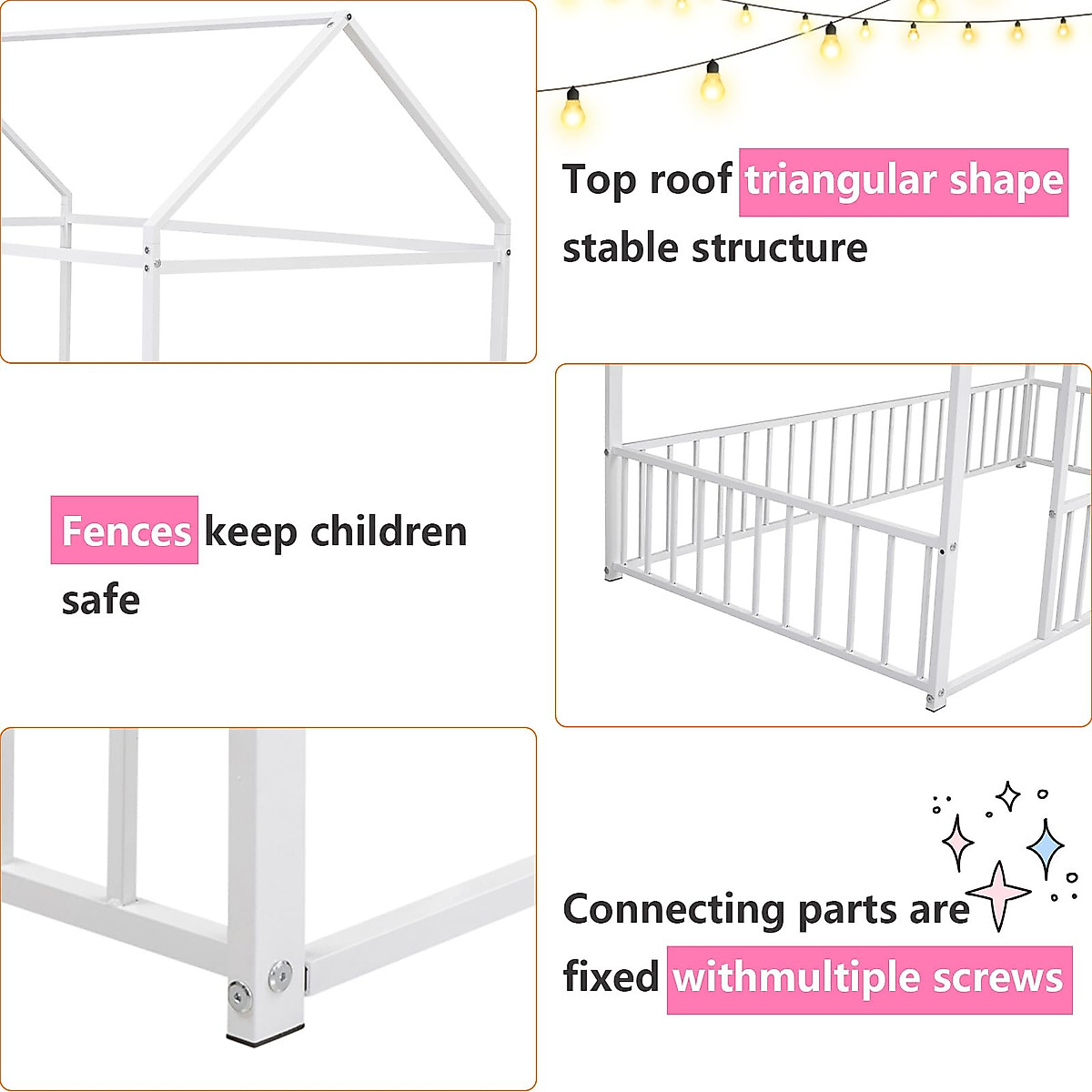 HZANHY Twin House Bed for Kids, Montessori Floor Bed with Rails, Metal Floor Bed Frame for Boys Girls Toddlers, Playhouse Bed with Roof, Twin Kids Bed Floor Bed with Post Foot Pads for Teen