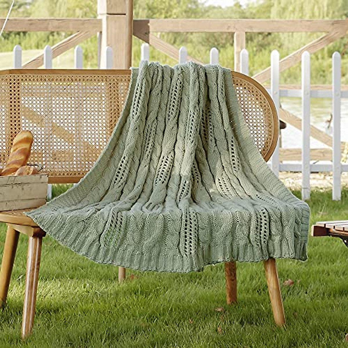 Amélie Home Sage Green Cable Knit Wool Throw Blankets Soft Cozy and Lightweight for Couch Sofa Bedroom, Suitable for Spring Summer, 50'' x 60''