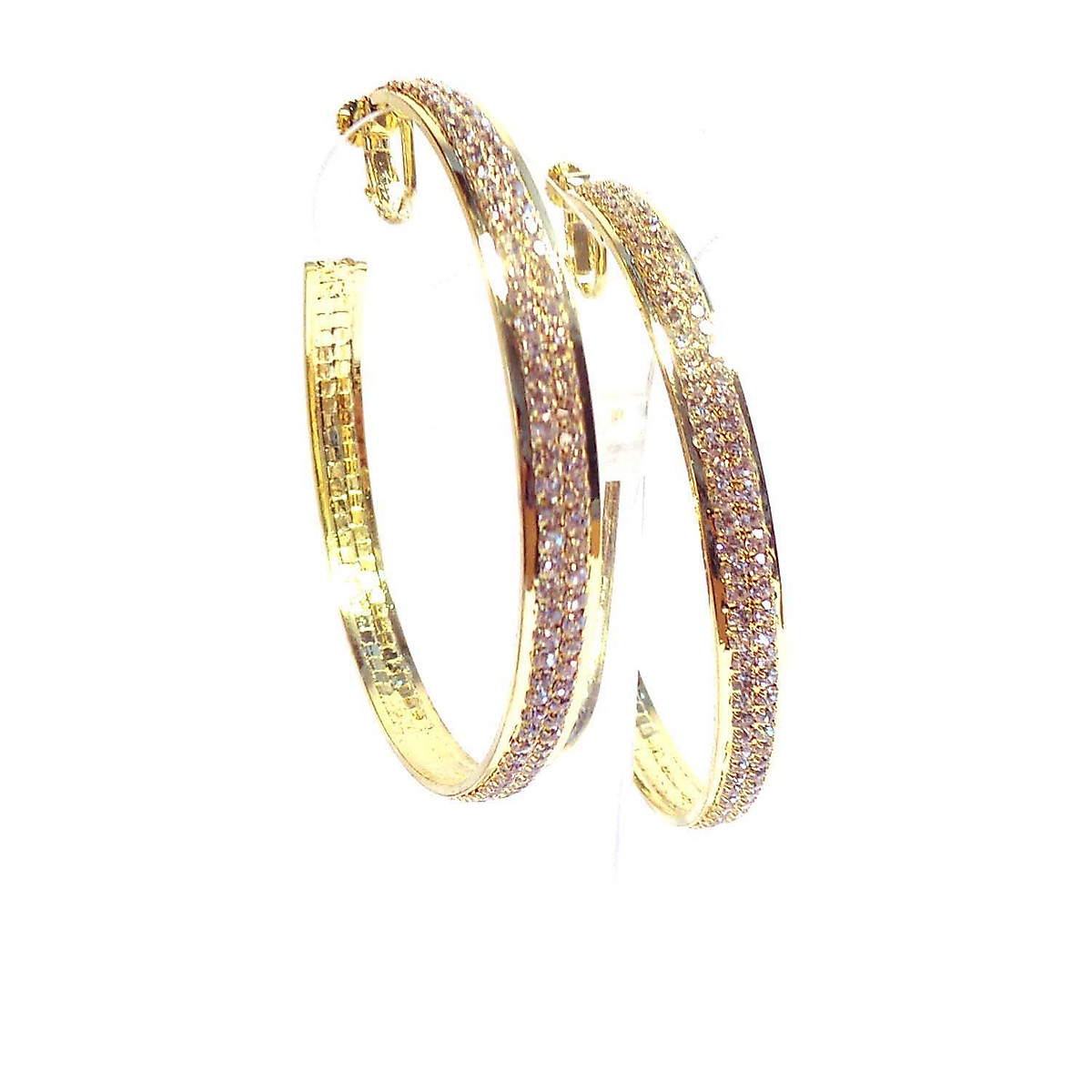 Clip-on Earrings Gold Tone Double Crystal Hoop Earrings 3 Inch Clip Hoop Earrings for Non Pierced Ears