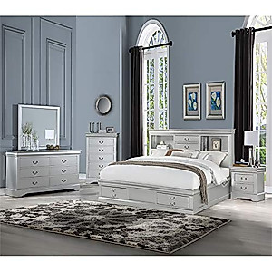 BOWERY HILL Contemporary Queen Bed with Bookcase Headboard and Storage Drawers in Platinum