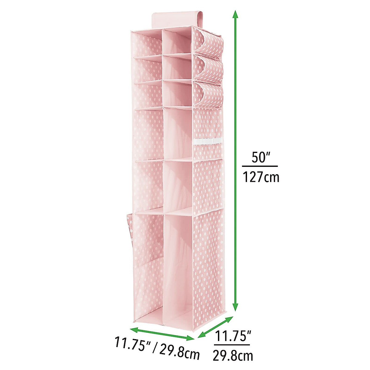 mDesign Long Fabric Hanging Organizer - Over Closet Rod Storage with 12 Shelves and Side Pockets for Baby Nursery Bedroom Organization - Hold Clothes, Linens, Toys, Accessories - Pink/White Polka Dot