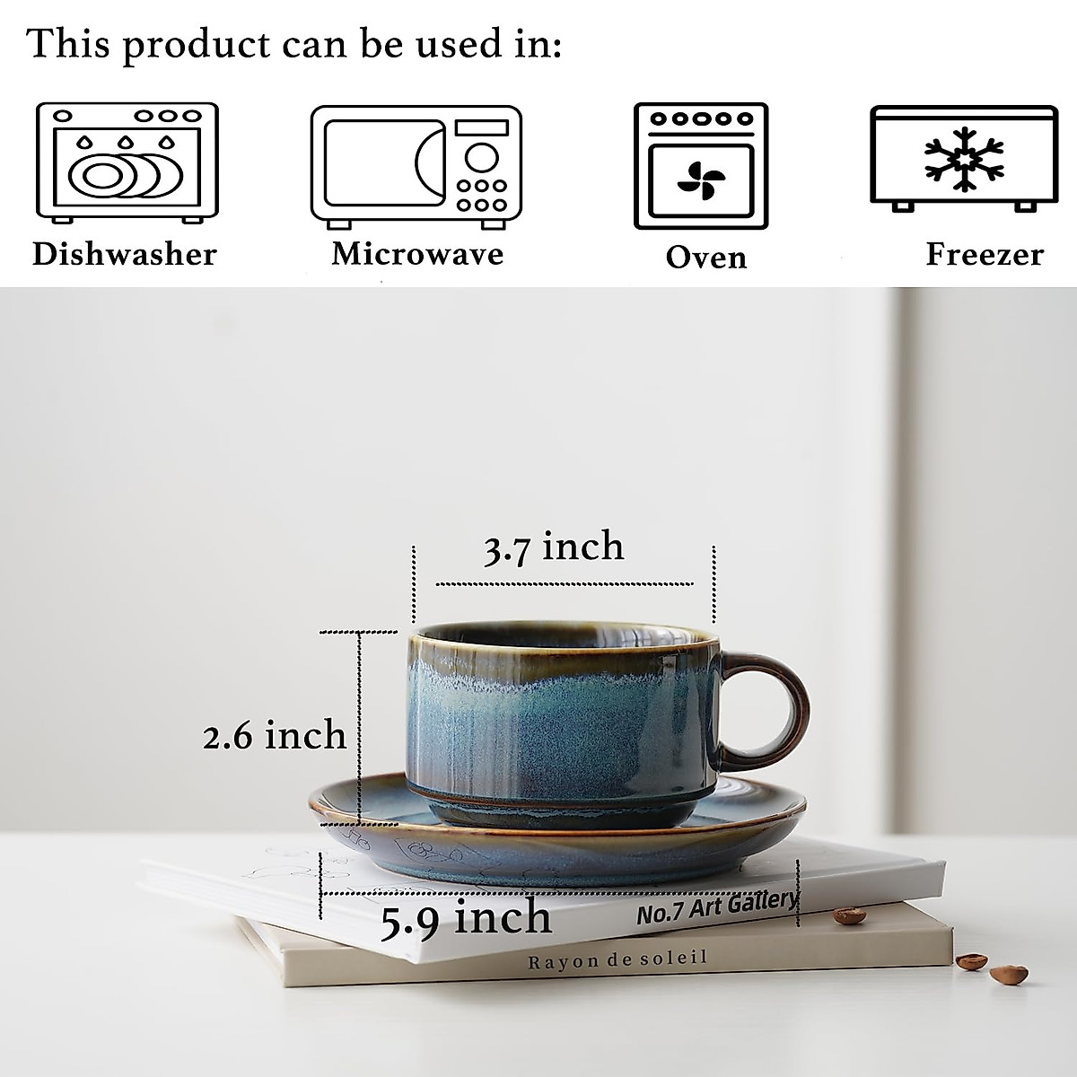 MIKIGEY Ceramics 10oz Cappuccino Cups with Sacuer, Set of 2, Coffee Cup for Au Lait, Latte, Tea, Mocha-Set of 2, Dishwasher and Microwave, Reactive Blue