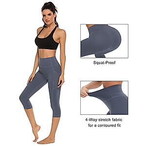 Stelle Womens High Waisted Legging Yoga Pants with Pockets for Gym Workout (Cotton Like Softness-Grey Blue, Large)