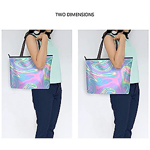 Bolaz Tote Bag with Pockets for Women Rainbow Marble Holographic Shoulder Bag Handbags Zipper Small Travel Office Business
