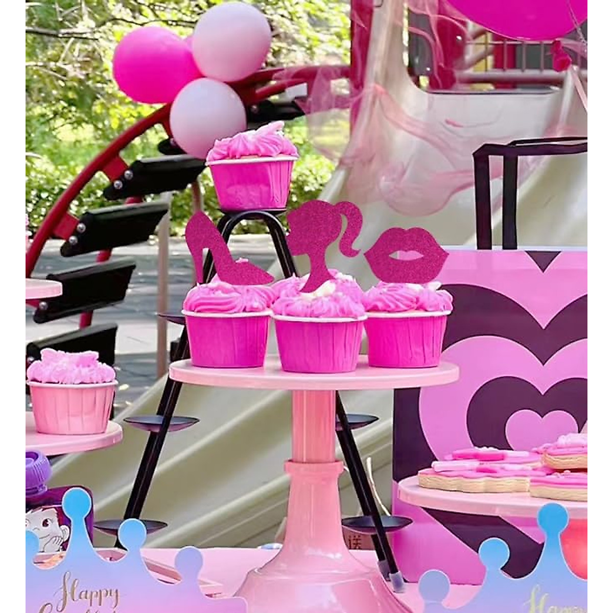 ALISSAR 27-Pack Glitter Hot Pink Princess Cupcake Toppers-Doll Head, Lip, High Heel-Cupcake Topper Cake Topper for Girls Birthday Party Decorations