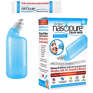 Nasopure Nasal Wash, System Kit, “The Nicer Neti Pot” Sinus Wash Kit, Comfortable Nasal Rinse 8 Oz Bottle & 20 Salt Packets (3.75 Grams Each), Nasal Congestion, Cold, Flu, Allergy, Nasal Irrigation