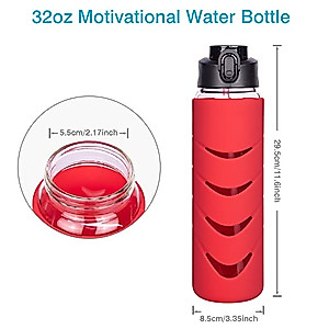 Justfwater 32 oz Borosilicate Glass Water Bottle with Straw Reusable Glass Drinking Bottle with Flip Top Lid and Silicone Sleeve (Red)