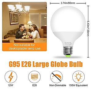 LFLAMPON Led Light Bulb, G95 Globe Bulb,12W(150W Equivalent) Led Bulbs Warm White 3000K Large Globe Light Bulbs, Non-Dimmable, E26 Base, 1500 Lumen, Perfect for Indoor Living Room LED Bulbs, 1-Pack