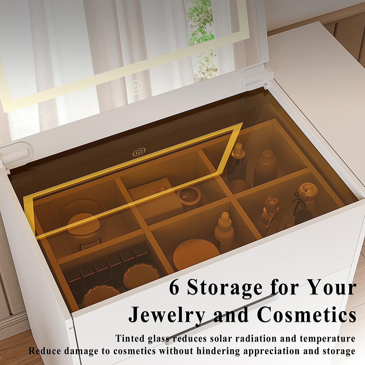 LIKIMIO 3 in 1 Vanity Desk with Plip Top Mirror, LED Light & Power Outlet Small Make Up Vanity Set with Visible Glass Desktop, Compact Makeup Vanity with 3 Drawers, Dressing Table for Bedroom, White