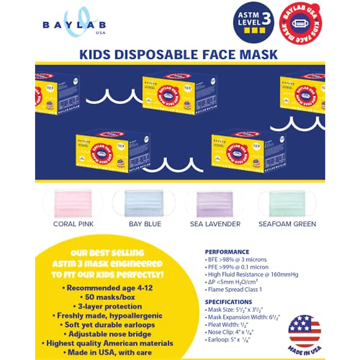 BAYLAB USA ASTM Level 3 Kid Size Disposable 3-Layer Face Masks, Bay Blue, Pack of 50