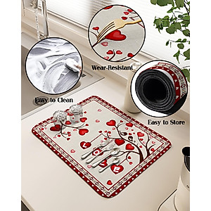 Valentines Day Dish Drying Mat for Kitchen Counter, Super Absorbent Quick Dry Coffee Bar Mat Pad Thin Diatomaceous Sink Mat Non Slip Dish Drainer Mat 12''x16'' Romantic Love Heart Tree Red