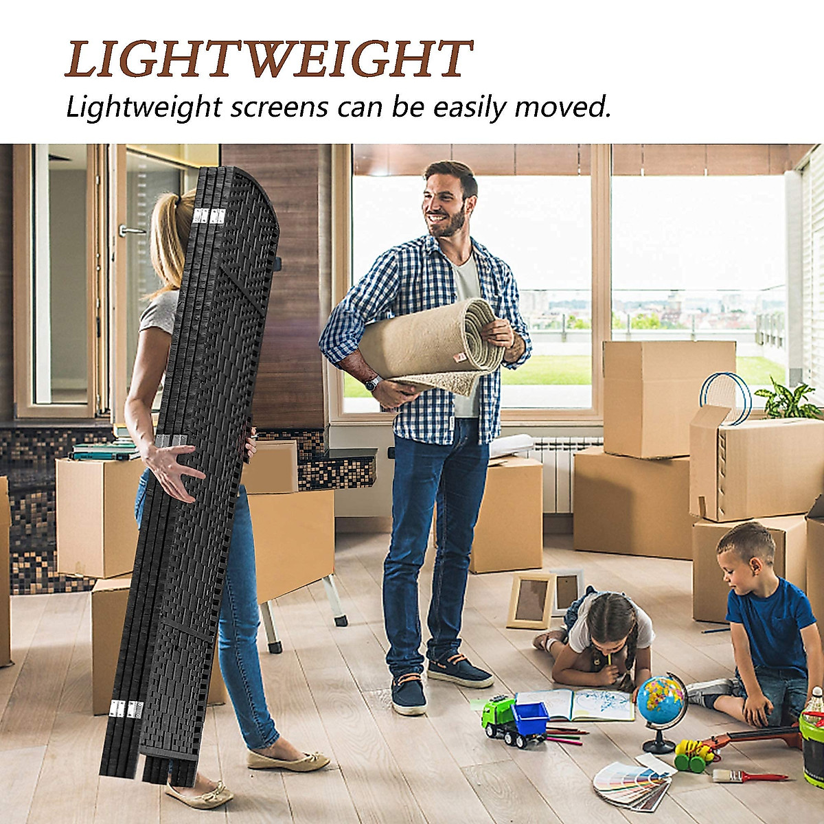 SIMFLAG Folding Screen Room Divider 4 Panel, 6Ft 19.7" Wide Partition Room Dividers Freestanding,Indoor Portable Partition Screen, Diamond Double-Weaved,No Installation Required(Black)