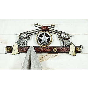 Ebros Gift Rustic Western Old World Dual Six Shooter Revolver Gun Pistols with Western Star 4 Pegs Coat Key Hat Leash Wall Hanging Bullet Ammo Shaped Hooks Country Decorative Organizer