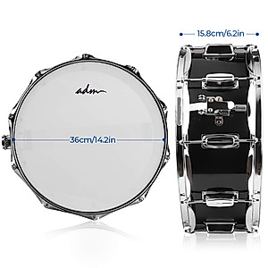 ADM 14"X 5.5" Snare Drum Set, Kids Student Snare Drum Beginner Kit with Stand, Drum Mute Pad, Strap, Drum Sticks, Drum Keys, Black