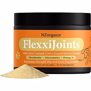 KiwiOrganix NZorganix FlexxiJoints 100% New Zealand Green-Lipped Mussel Powder, Hip & Joint Support Formula for Dogs & Cats, with Glucosamine, Chondroitin 100g (300 Servings)