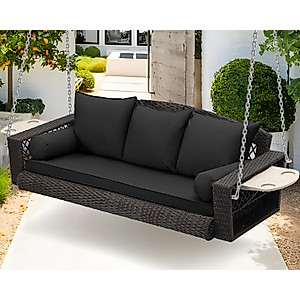 Grepatio Wicker Hanging Porch Swing - Outdoor 3 Person Patio Swing Bench with Cushion & Chains - 3-Seat Porch Swing Chair with Cup Holder for Garden, Yard, Lawn (Grey)