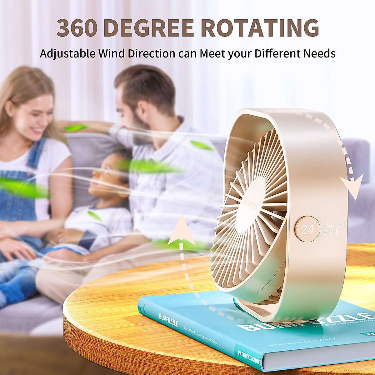 SMARTDEVIL Small Personal USB Desk Fan, 3 Speeds Portable Desktop Table Cooling Fan Powered by USB, Strong Wind, Quiet Operation, for Home Office Car Outdoor Travel (Light Brown)