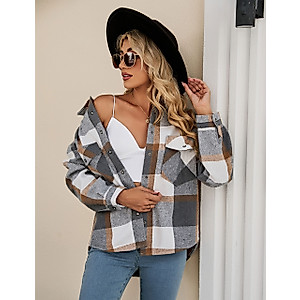 APAFES Women’s Warm Plaid Shirt Soft Sherpa Lined Shacket Casual Snap Fastener Truck Jacket with Pockets(643-GreyKhaki-M)