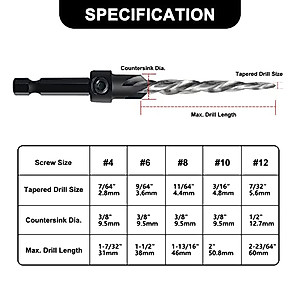 BeHappy Countersink Drill Bit Set, 5PCS M2 HSS Tapered Wood Countersink Drill Bits #4, 6, 8, 10, 12 Tapered Bit with 1/4" Hex Shank Quick, Allen Wrench, Counter Sinker Drill Bit Set for Woodworking