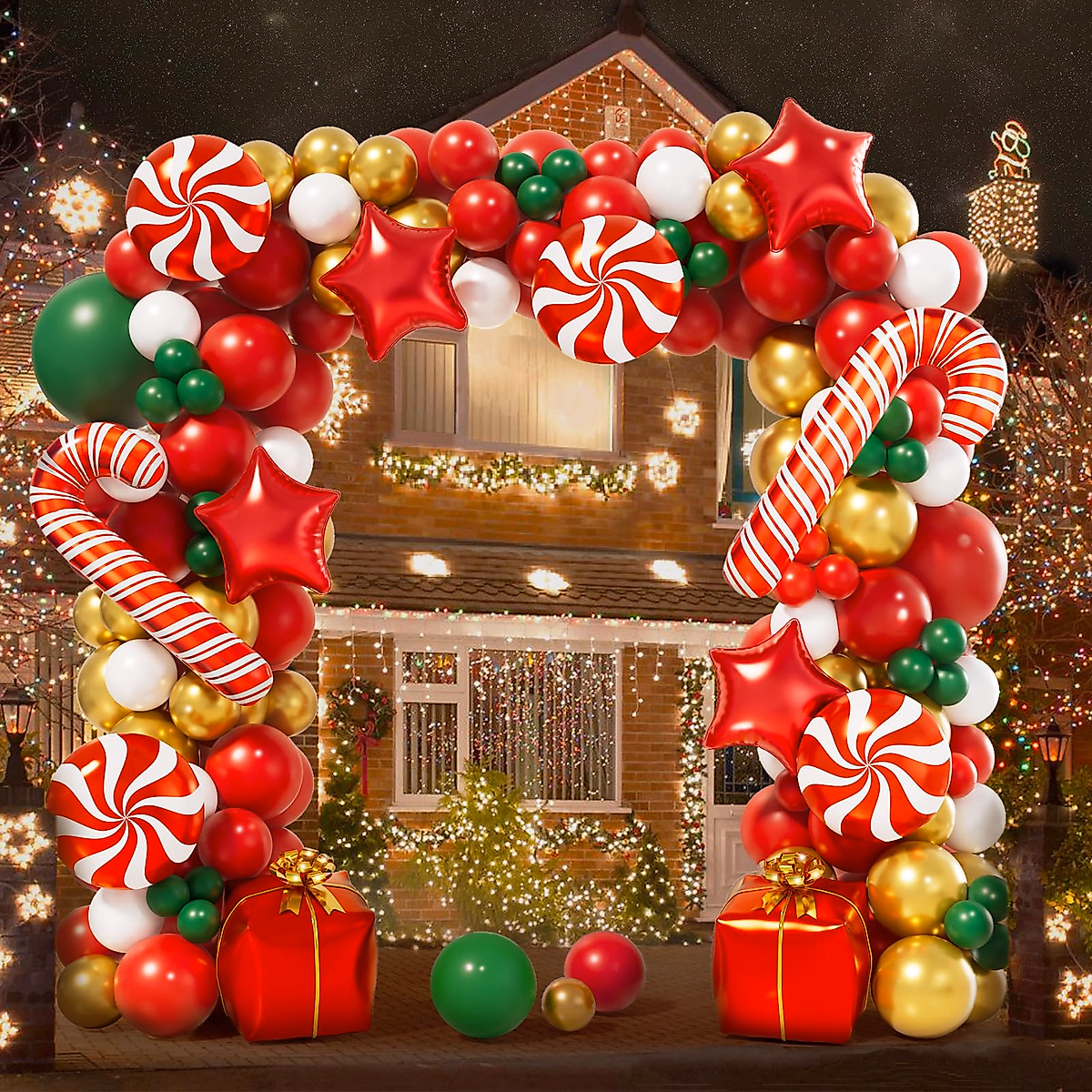 AobkDeco 151PCS Christmas Arch Kit with Red, White, Golden, Dark Green Balloons, Candy Foil, Candy Cane, Gift Box, Star Balloons for Christmas Party Decorations