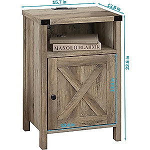 Farmhouse Nightstand Set of 2 with Charging Station,Industrial Bedside Table with Storage Living Room Bedroom Side Table End Table with Barn Door,Grey