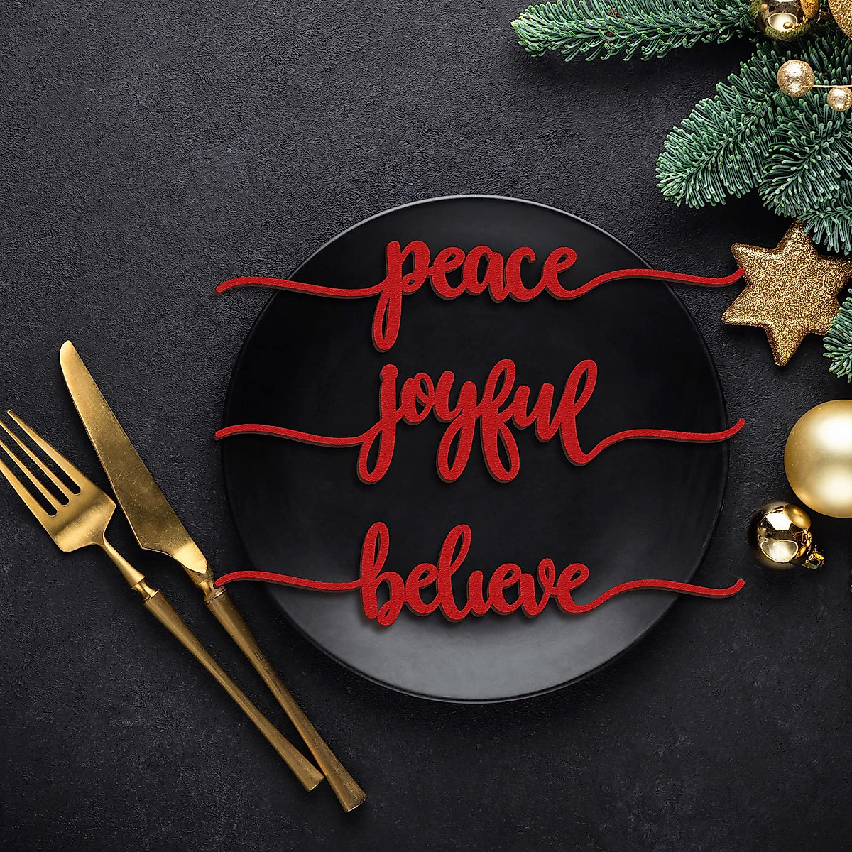 12 Pcs 6 Styles Place Cards for Christmas Table Wood Signs Decor Wood Word Cutouts Winter Dining Table Plate Ornament Rustic Wooden Decor for Table, Merry, Believe, Bright, Peace, Joyful and Noel