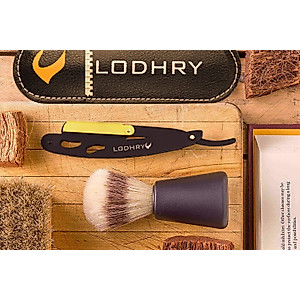 Lodhry Professional Straight Edge Shaving Razor Barber Razors For Men + Single Blades, Men's Manual Shaver Salon Quality Cut Throat Shavette Navajas Para Barbero Matte Black, 11Pcs (Gold Plated Clip)