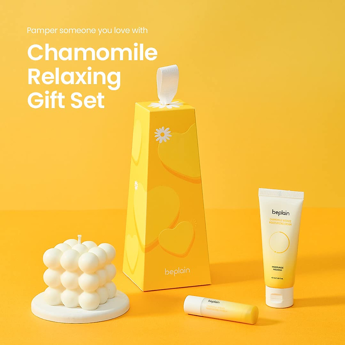 beplain Chamomile Relaxing Gift Set (Face Cream & Lip Balm & Candle) | Skin Care kit Gift Set | Natural Scent Free Korean Skin Care