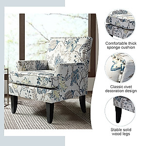 HULALA HOME Modern Accent Chair with Arms and Wooden Legs, Mid Century Accent Chair Armchair High Back Rest, Padded Armrest and Comfortable Cushioned Seat for Living Room (Blue Yellow Floral)