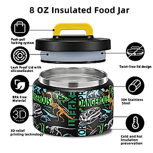 JXXM 8 Oz Thermo Food Jar for Hot & Cold Food for Kids, Insulated Lunch Containers Hot Food Jar,Leak-Proof Vacuum Stainless Steel Wide Mouth Lunch Soup thermo for School,Travel (Black-Dinosaur) 1pc