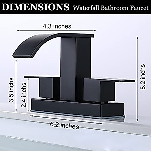 JXMMP 4 inch Bathroom Faucet 2 Hole, Stainless Steel 2 Handle Black Matte Waterfall Centerset Bathroom Faucet with Pop Up Drain and Supply Lines, Modern Black Sink Faucets Bathroom