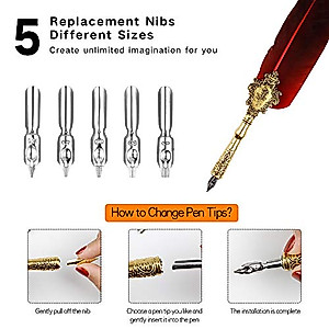 Feather Quill Pen and Ink Set,Writing Quill,Vintage Calligraphy Dip Pen Kit with 17Replacement Nibs,Wax Seal Sticks,Wooden Dip Pen,2 in 1 Seal Stamp Pen Nib Base,Envelope,Letter Opener