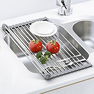 cycleacc 13"- 24" Roll Up Dish Drying Rack, Expandable Over The Sink Dish Drainer Drying Rack, Large Folding Collapsible Stainless Steel Roll Up Dish Drying Rack, Kitchen Foldable Over Sink Organizer