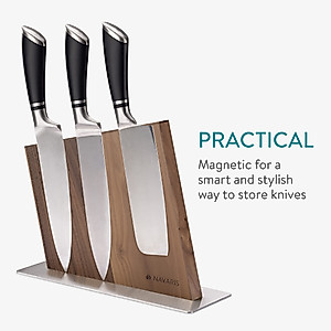 Navaris Wood Magnetic Knife Block - Double Sided Wooden Magnet Holder Board - Storage Stand for Kitchen Knives, Scissors, Metal Utensils - Walnut Wood
