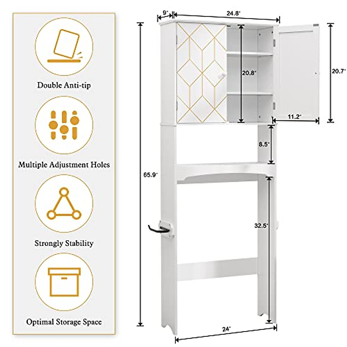AZODY Over The Toilet Storage Cabinet with Gold Trim, Modern Bathroom Organizer Over Toilet with Adjustable Shelves and Toilet Paper Holder for Bathroom, White
