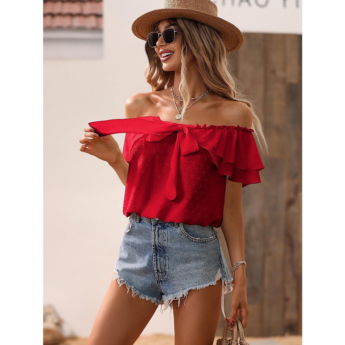 SweatyRocks Women's Off Shoulder Ruffle Trim Knot Front Blouse Tiered Layer Butterfly Short Sleeve Chiffon Tops Summer Red L
