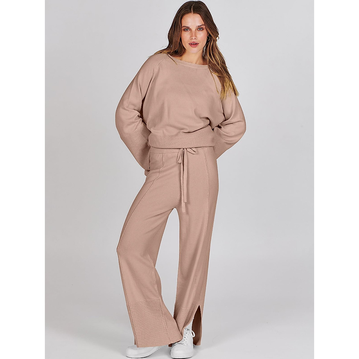 ANRABESS Womens 2 Piece Outfits Oversized Knit Sweater Set Wide Leg Pant Cozy Lounge Matching Pajama Sets 2024 Trendy Clothes Deep Apricot X-large