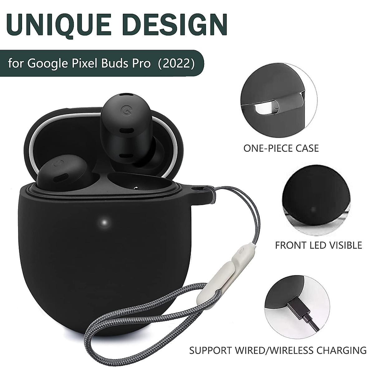 INGIDO Compatible for Google Pixel Buds Pro Case Cover with Keychain/Hand Strap, [Front LED Visible] Thickened Silicone Protective Cover Case for Google Pixel Pro Case 2022(Black)