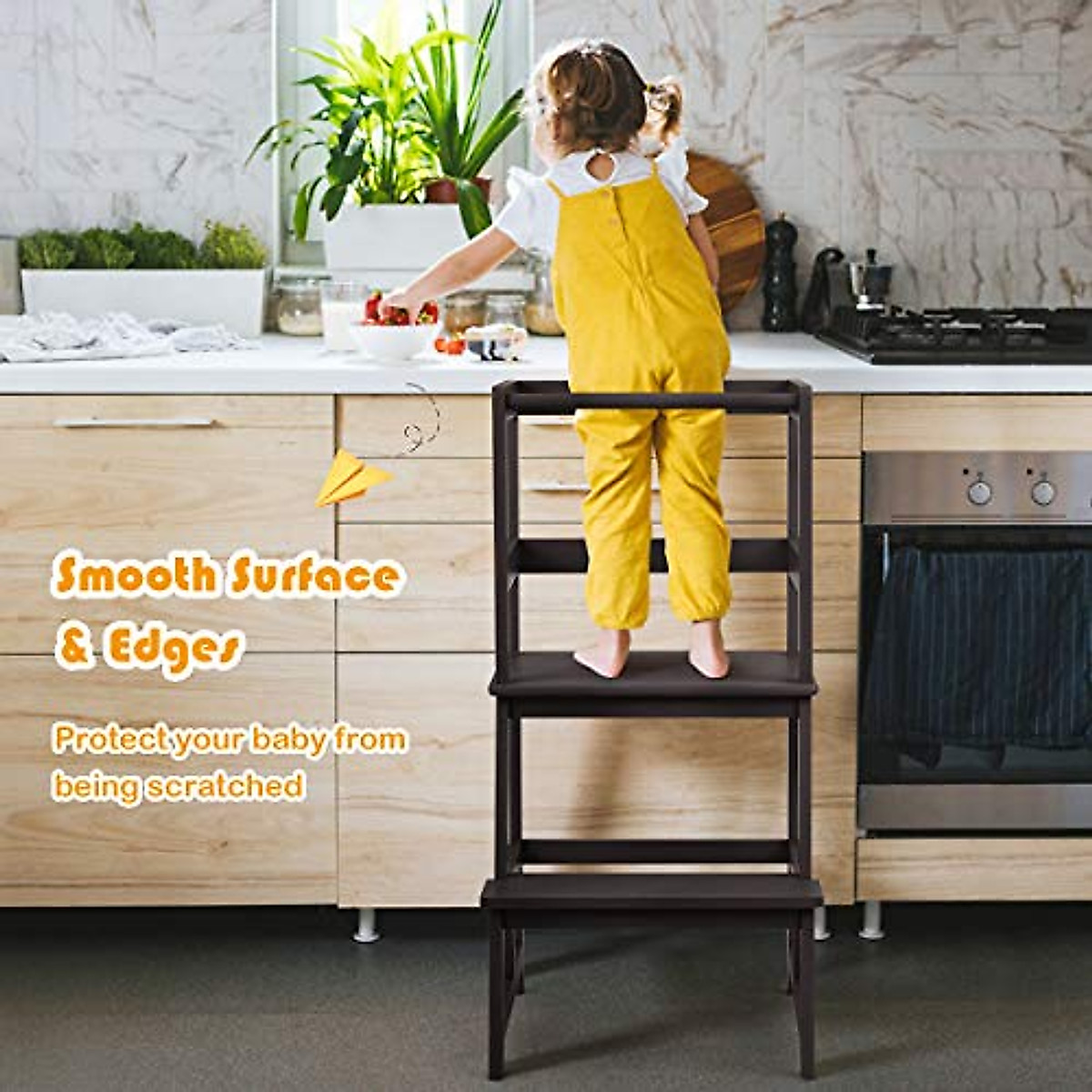 Costzon Kids Kitchen Step Stool with Safety Rail, Toddler Kitchen Stool w/Solid Bamboo Construction, Child Stand Helper for Kitchen Bathroom Living Room, Perfect for Toddler from 18-36 Months (Brown)